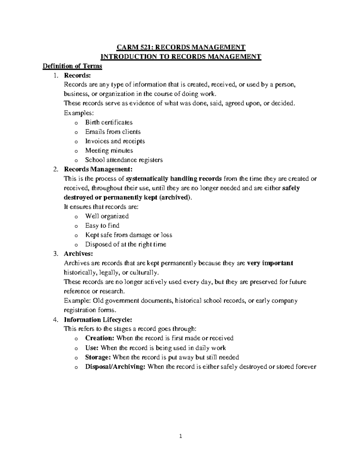 CARM 521: Intro to Records Management - Key Concepts & Principles - Studocu
