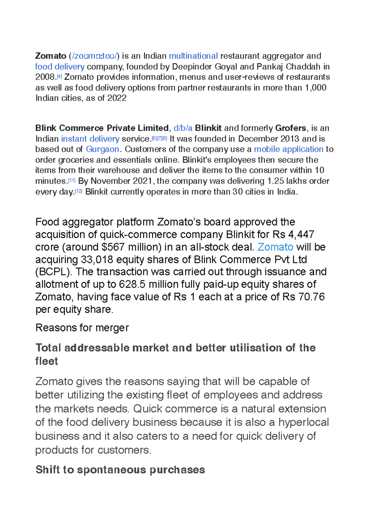 Blink Commerce Pvt Ltd: Overview and Zomato Acquisition Insights - Studocu