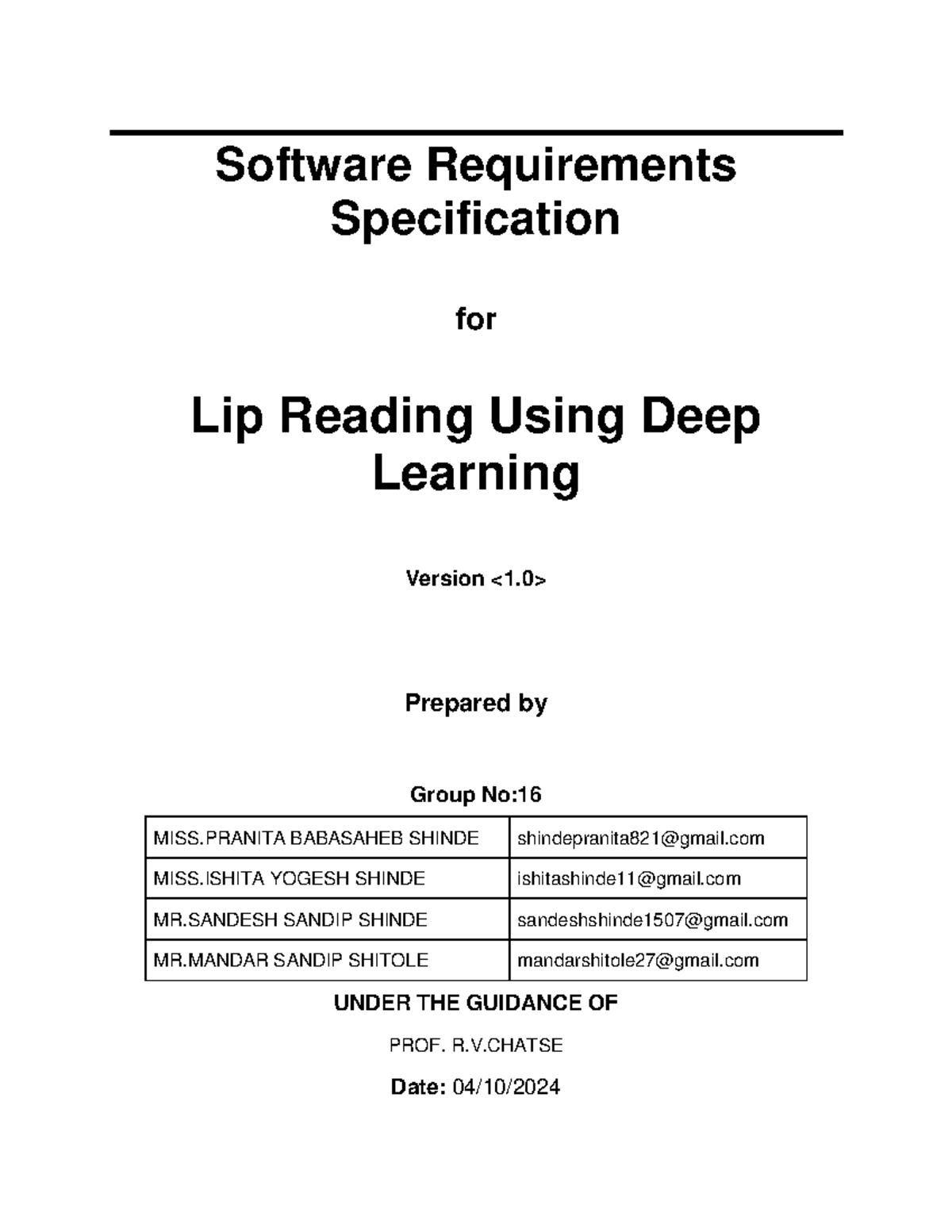 SRS for Lip Reading Using Deep Learning (Group 16) - Version 1.0 - Studocu