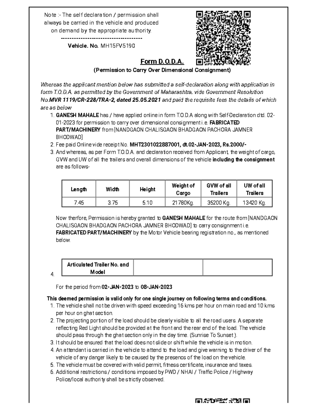 MH 15 FV 5190 - Permission for Over Dimensional Consignment - Studocu