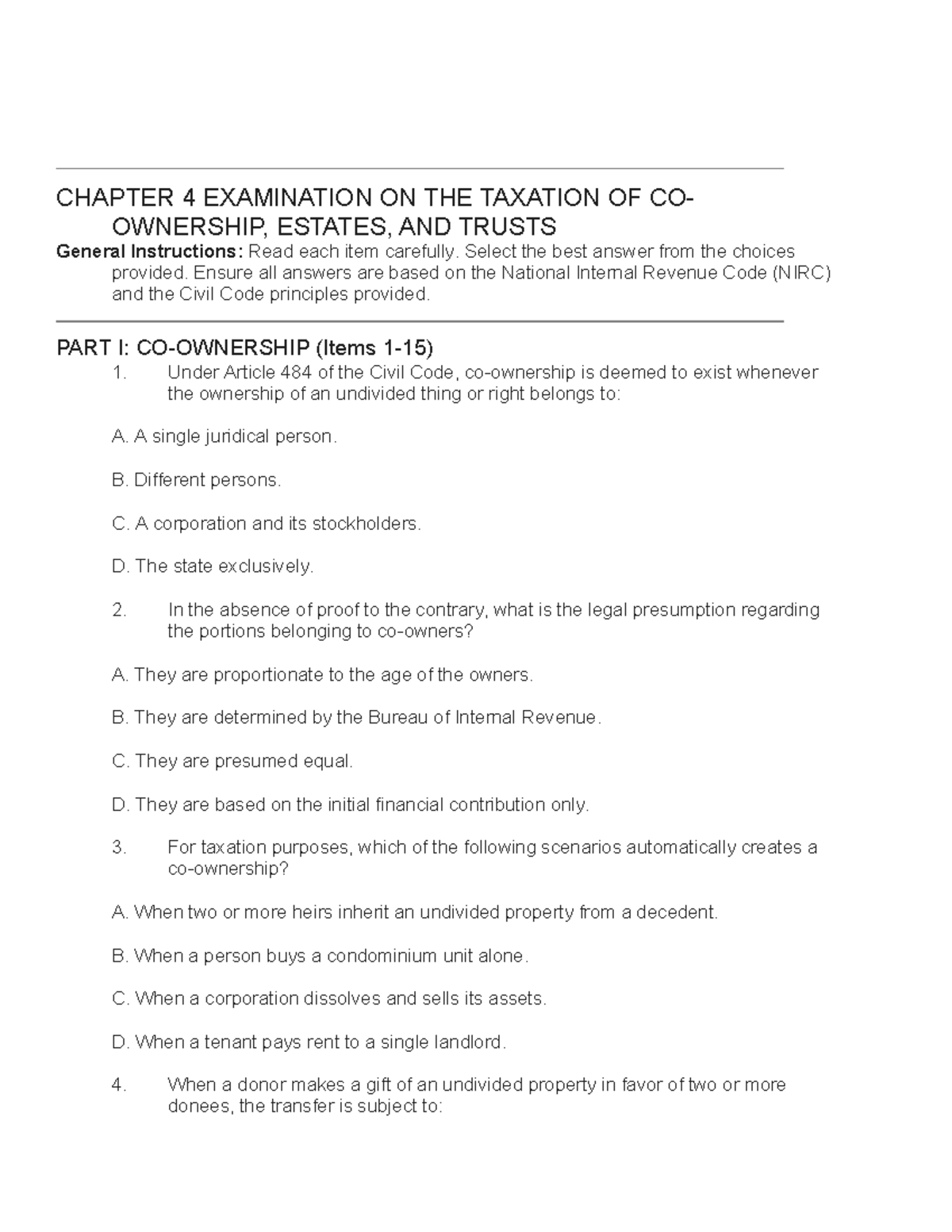TAX 101 Midterm Exam Reviewer on Co-ownership, Estates, and Trusts ...