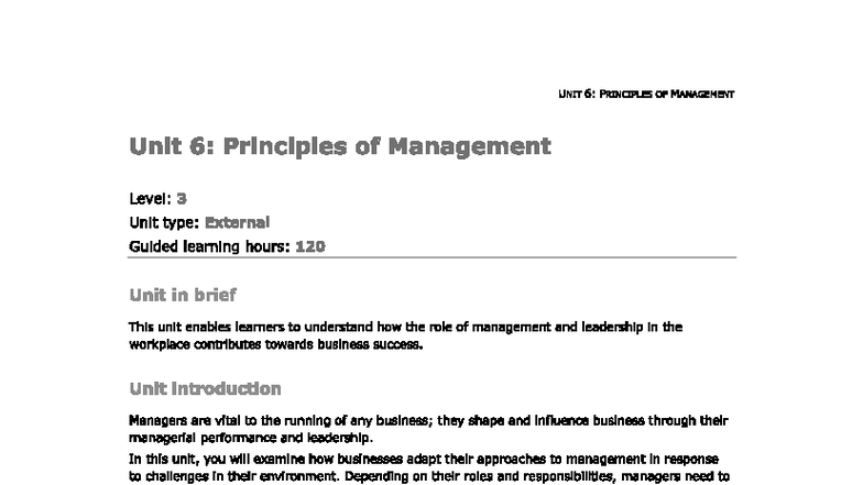 Unit 6: Principles of Management - BTEC Level 3 National Diploma - Studocu