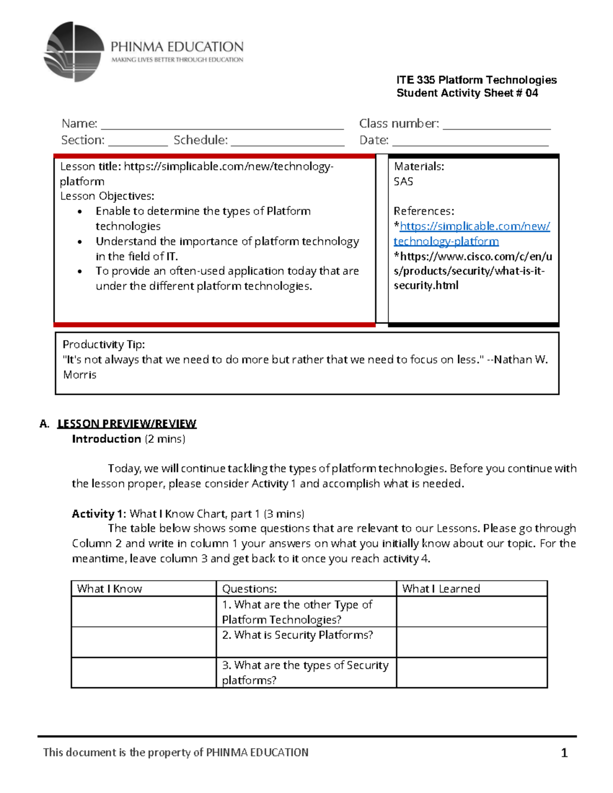 SAS04 ITE335 Types OF Platform Technologies 2 - Student Activity Sheet ...