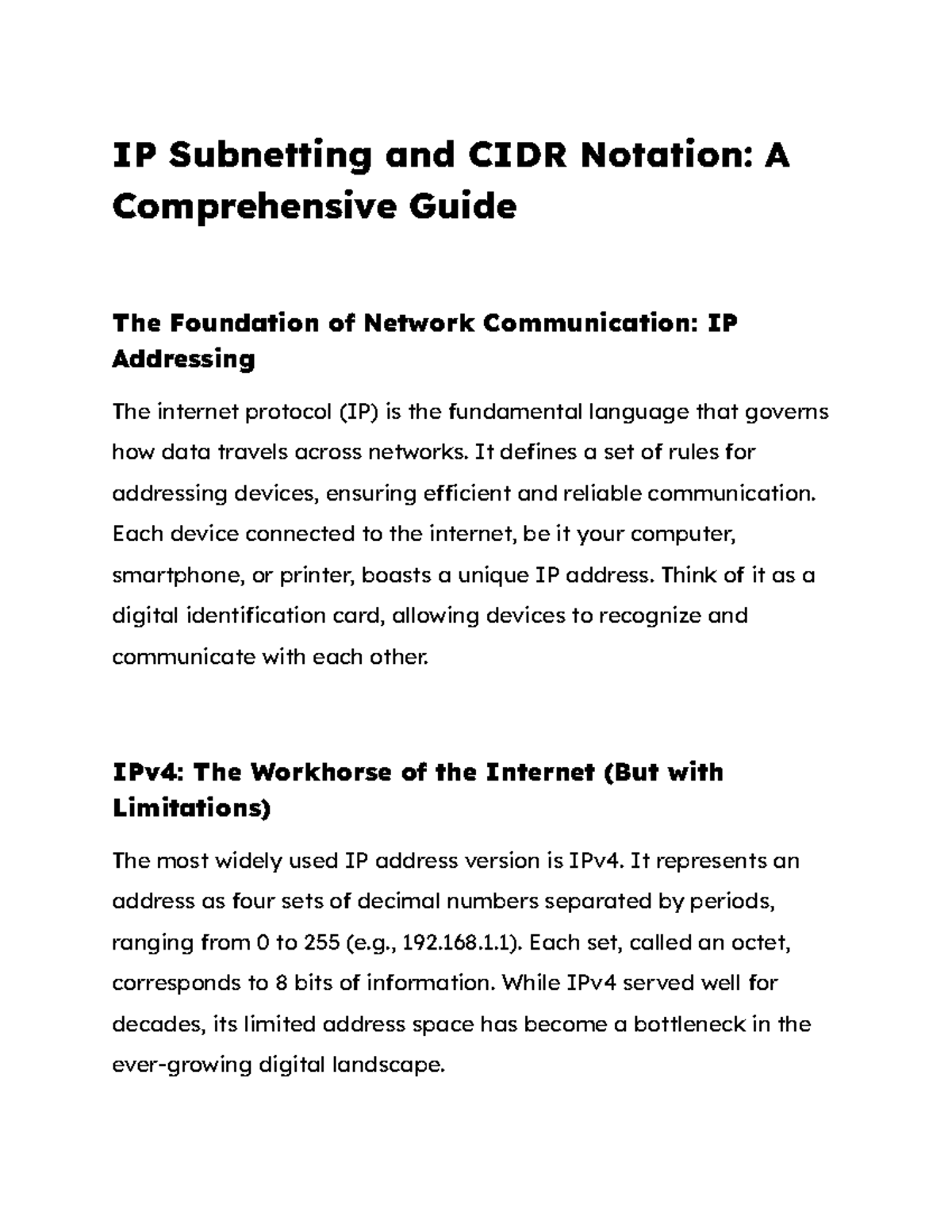 IP Subnetting & CIDR Notation: A Detailed Study Guide - Studocu