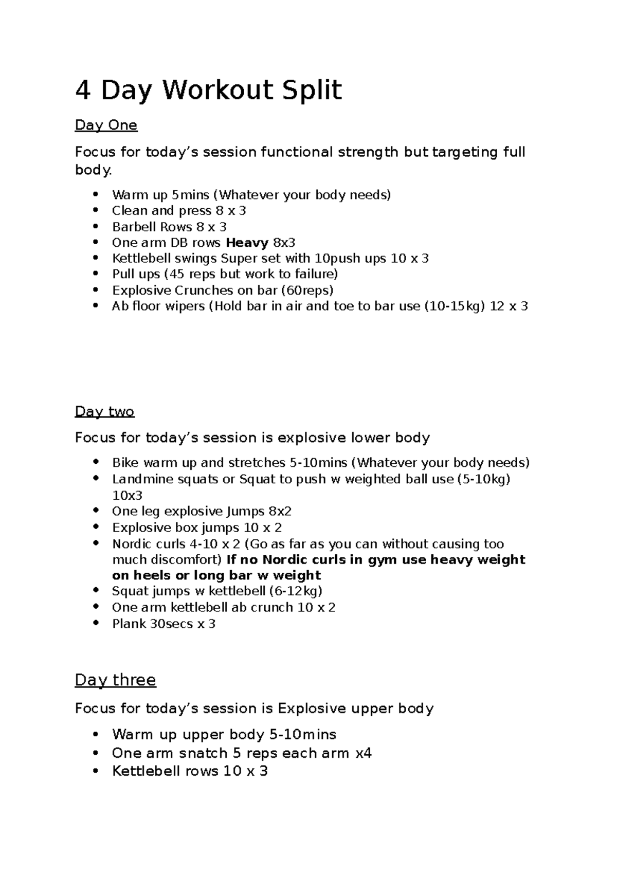 4 Day Workout Split 2: Functional Strength & Explosive Training - Studocu