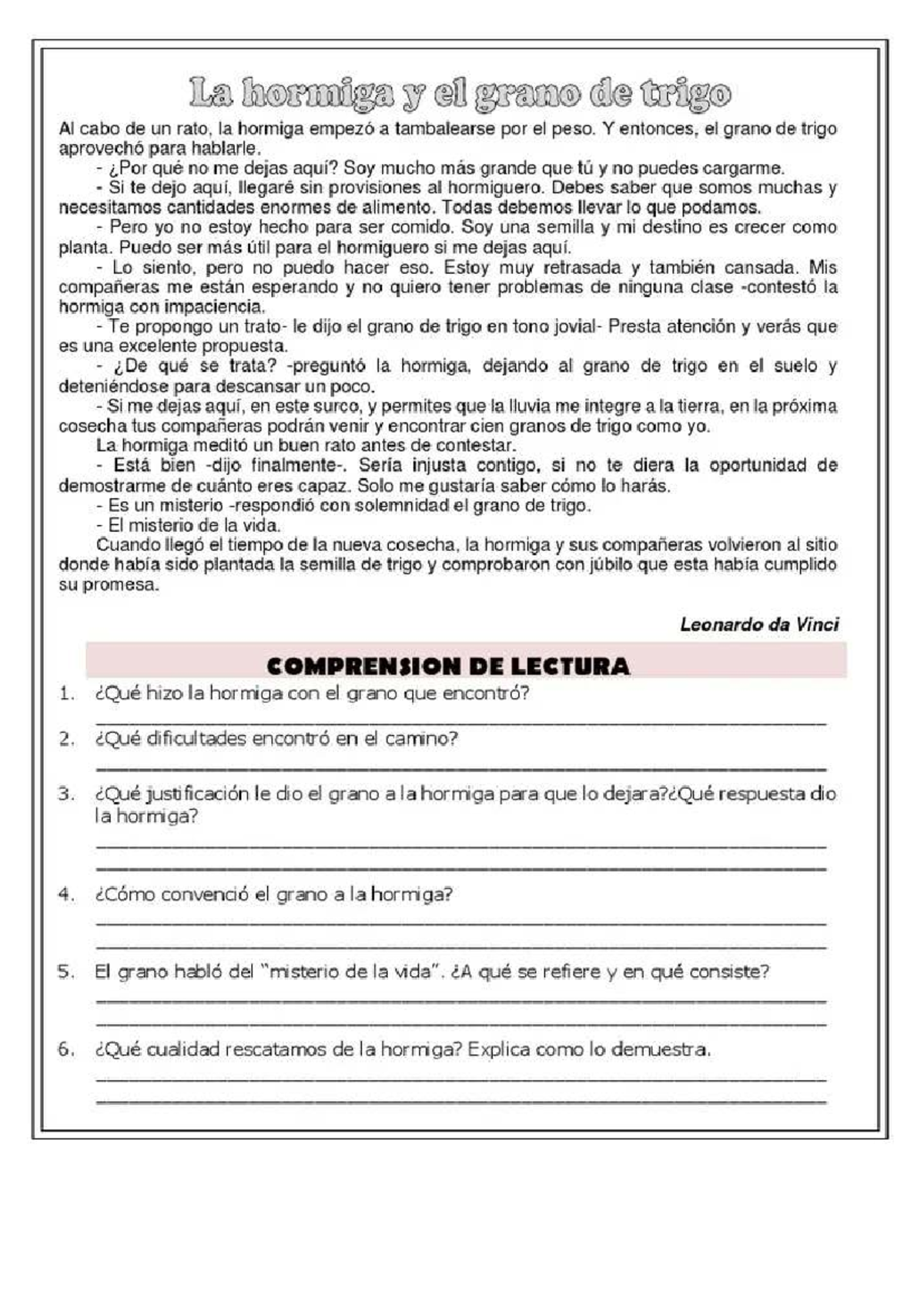 Fichas de Plan Lector: La Hormiga, La Mosca y Los Elefantes - Studocu