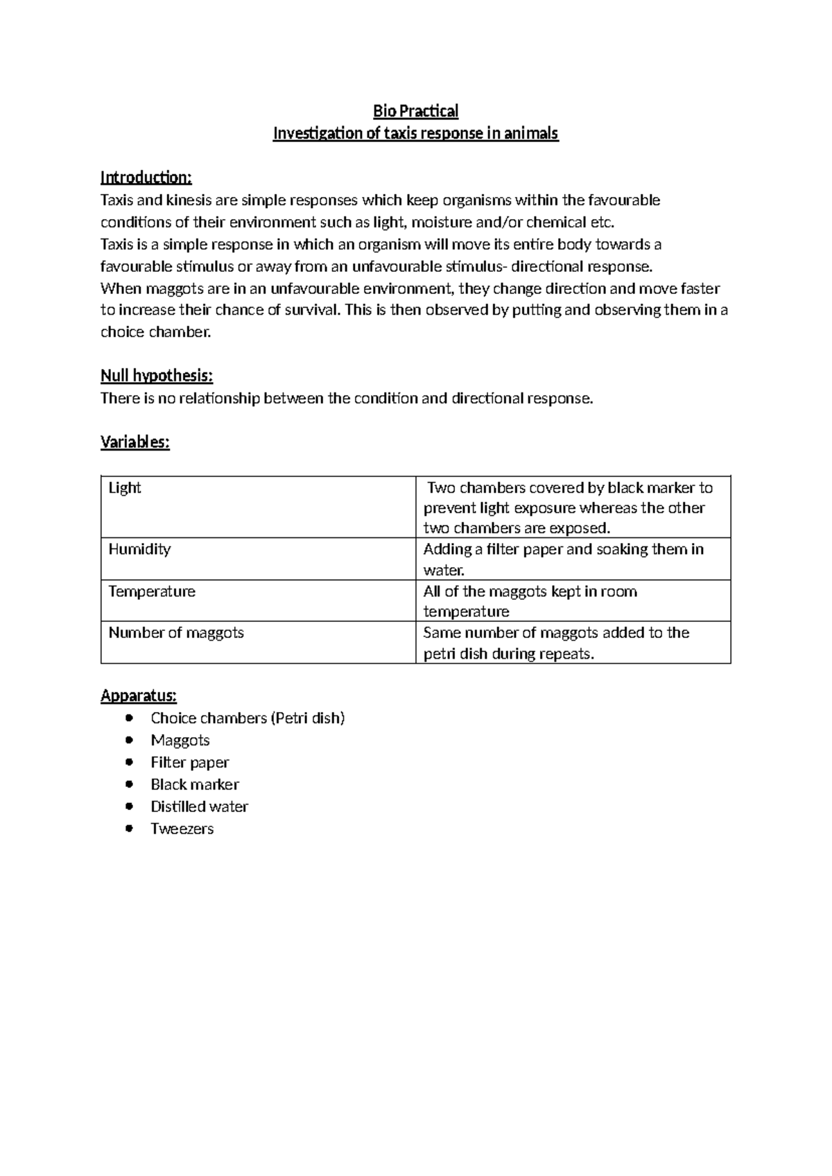 Investigation of Taxis Response in Animals - Bio Practical, AT - Studocu