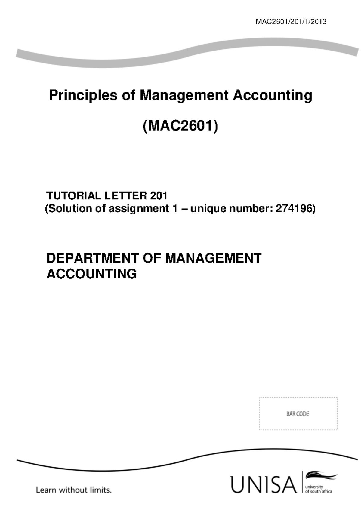 MAC2601 - Principles of Management Accounting Assignment 1 Solutions ...