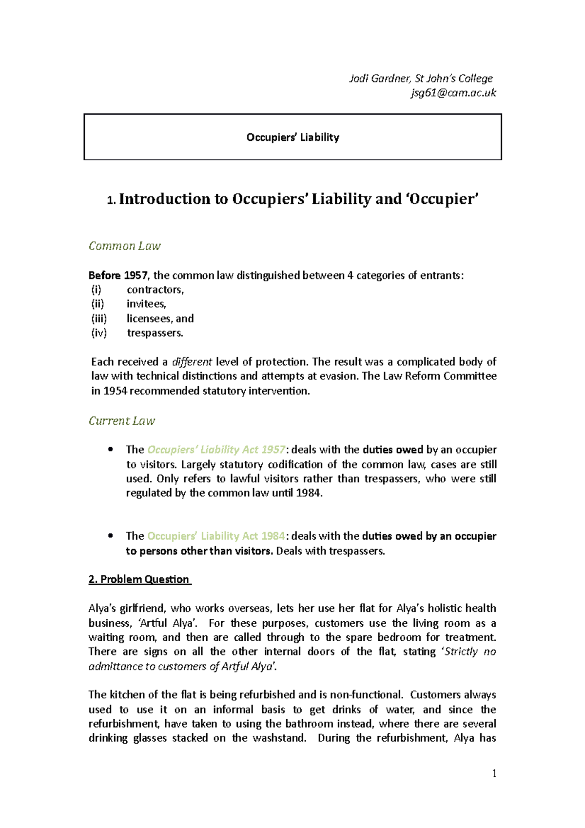 Occupiers Liability Handout (January 2021) (J Gardner) - Jodi Gardner ...