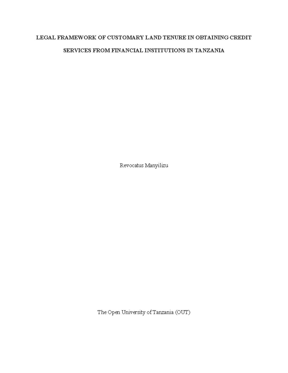 Legal Framework of Customary Land Tenure and Credit Access in Tanzania ...