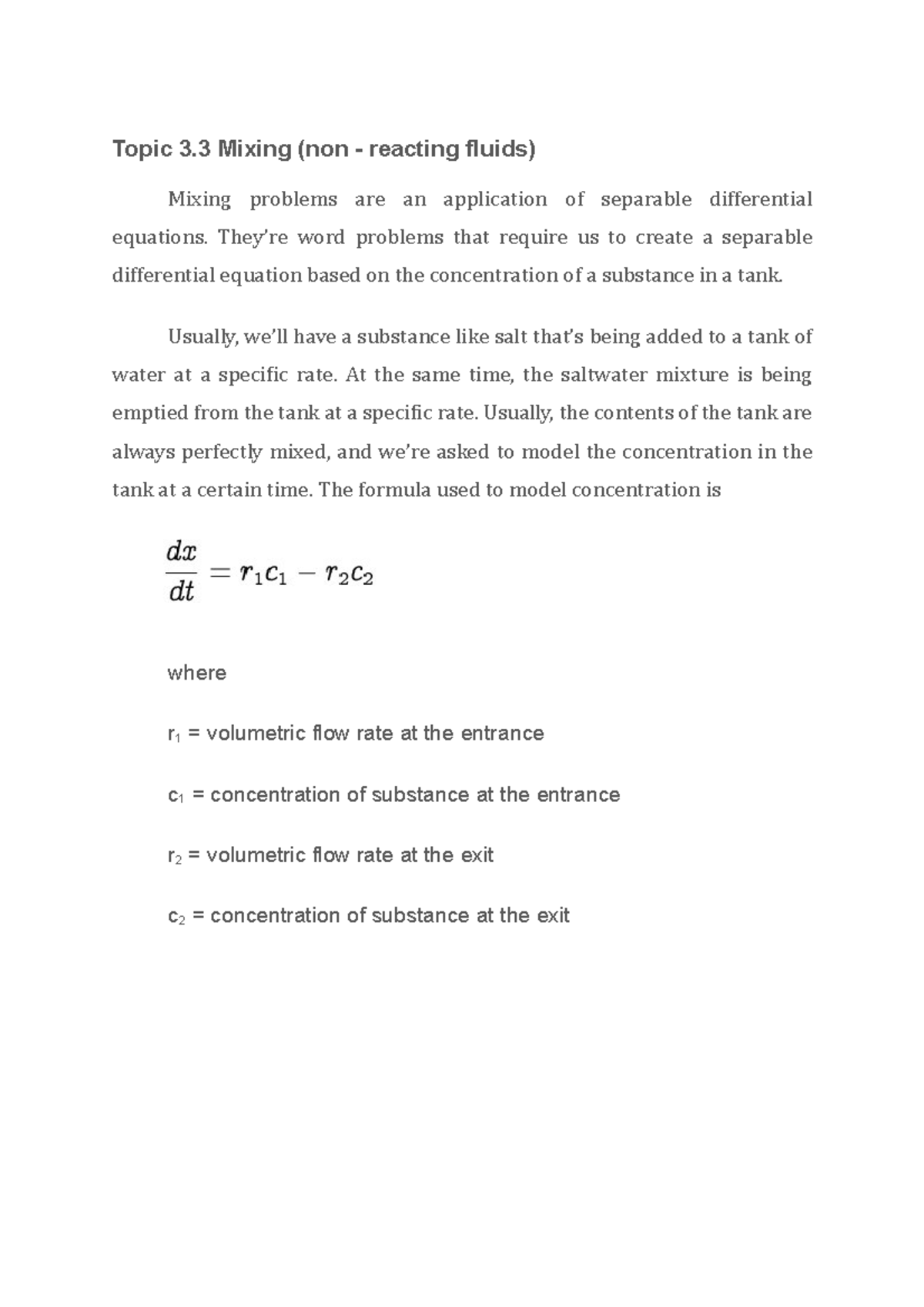 Mixing Non-Reacting Fluids: An Overview of Diff Eq Applications - Studocu