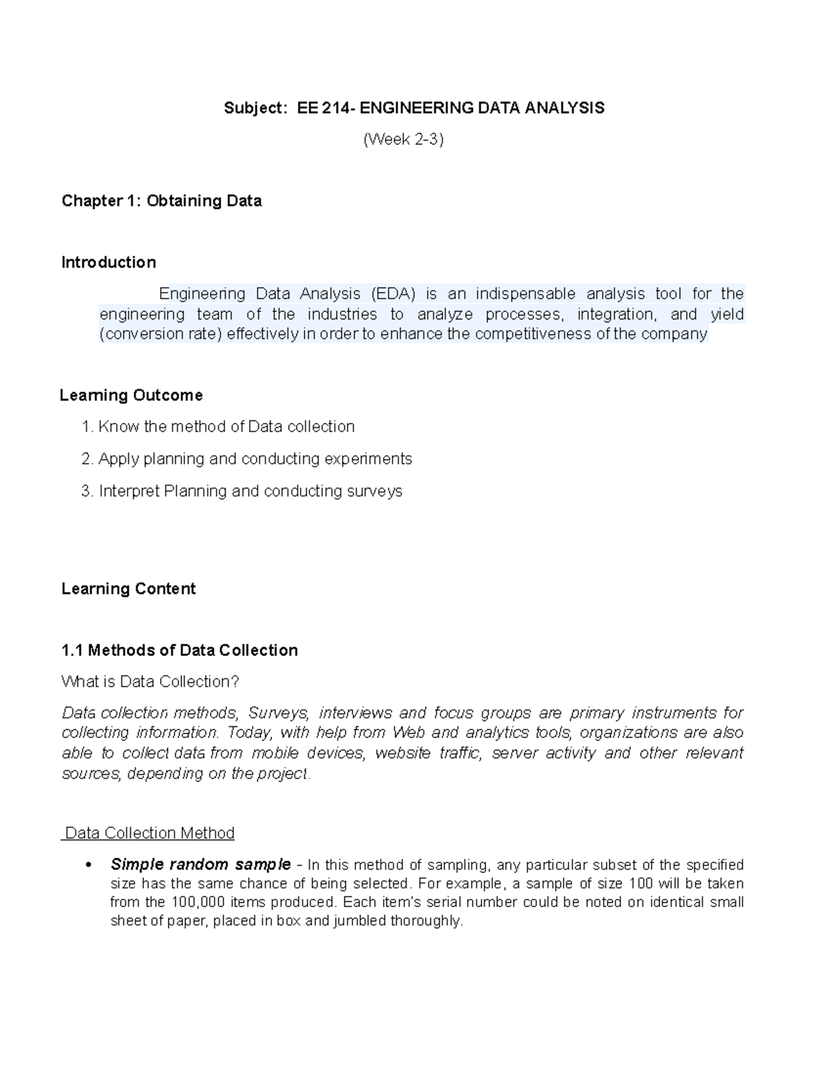 EE 214 Week 2 3 module - adaa - Subject: EE 214- ENGINEERING DATA ANALYSIS (Week 2-3) Chapter 1 ...