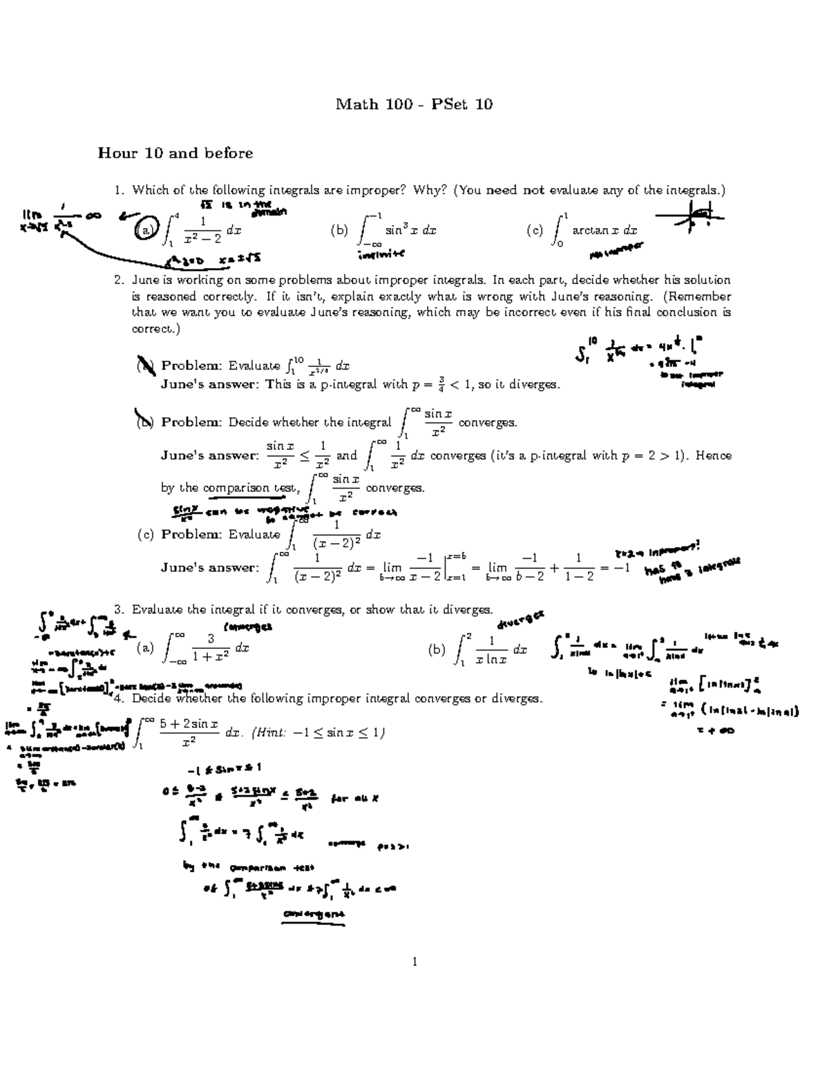 Math 100 PSet 10: Improper Integrals Analysis and Evaluation - Studocu