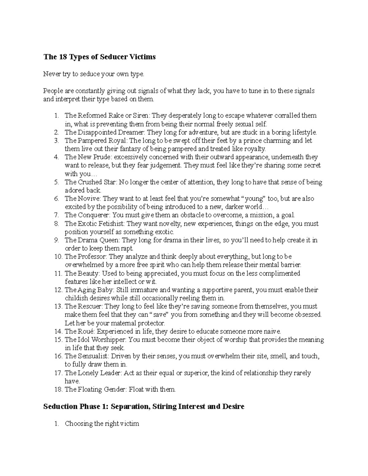 The 18 Types of Seducer Victims: Insights into Seduction Dynamics - Studocu
