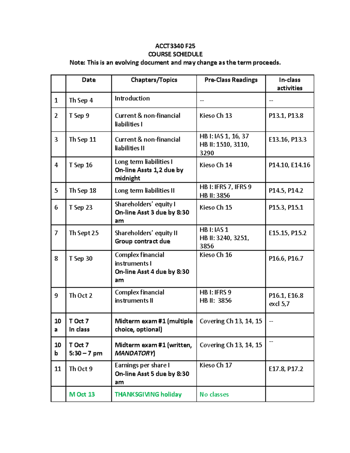 ACCT3340 F25 Course Schedule and Important Dates - Studocu