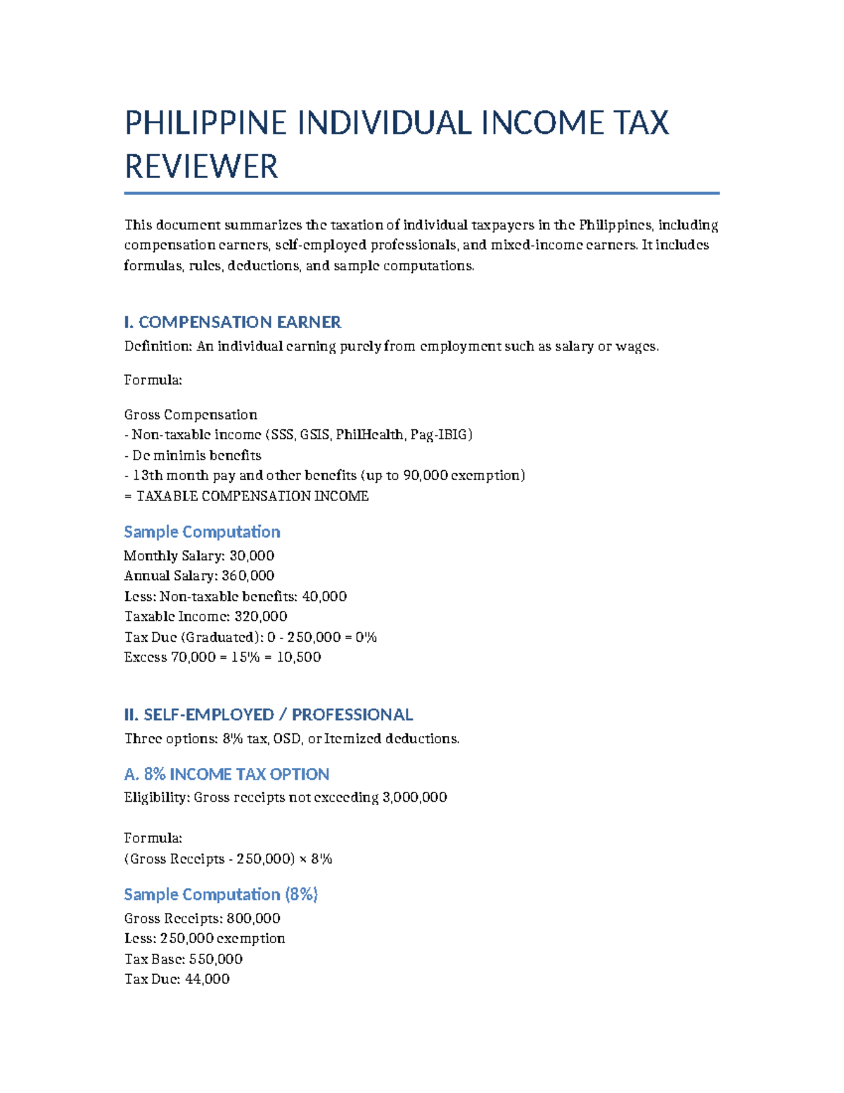 PHIL 101: Individual Income Tax Reviewer for Filipino Taxpayers - Studocu