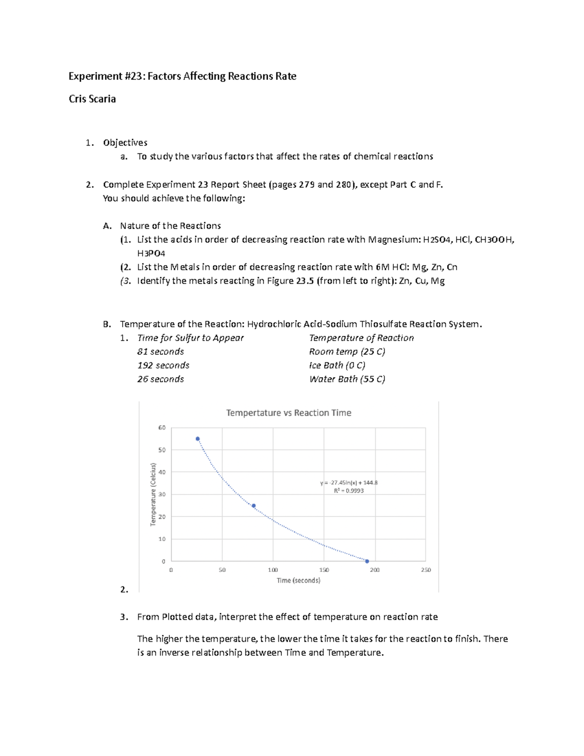 Exp #23 Lab Report: Factors Influencing Reaction Rates - Studocu