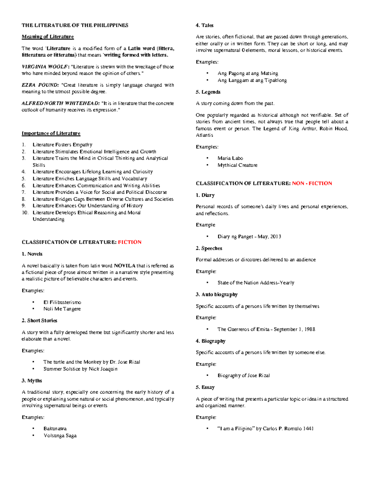 LIT- Reviewer - Understanding Philippine Literature and Its Types - Studocu