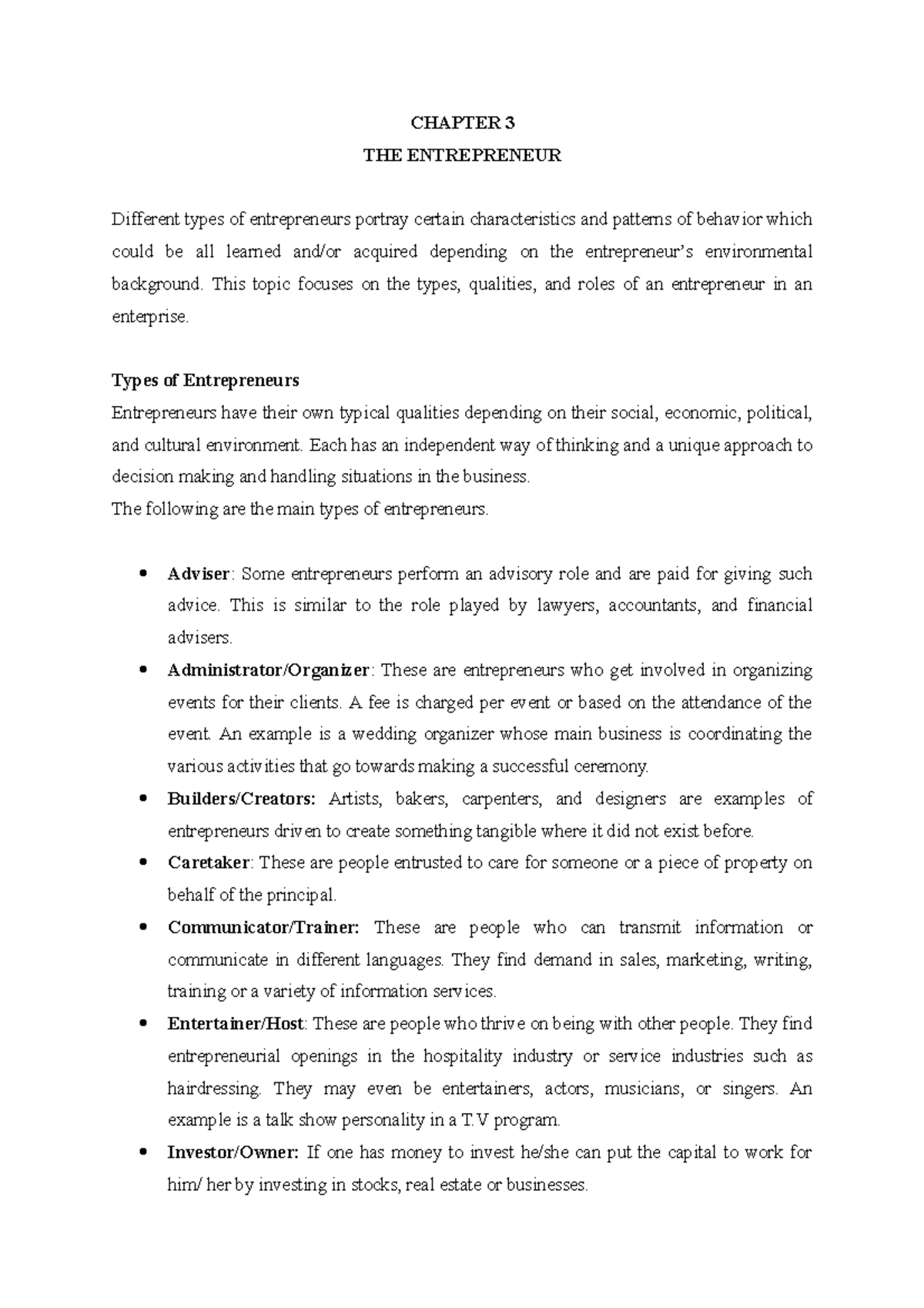 Chapter 3 - Lecture Notes on Entrepreneur Types & Roles - Studocu