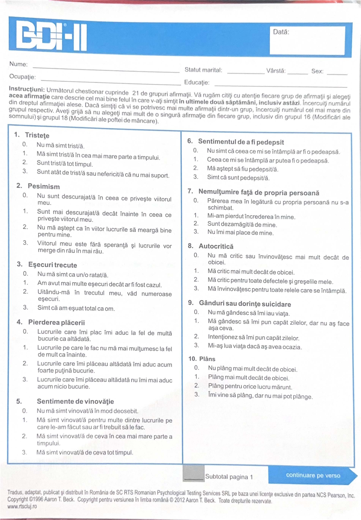 BDI II - Chestionar de Evaluare a Stării Emoționale - Studocu