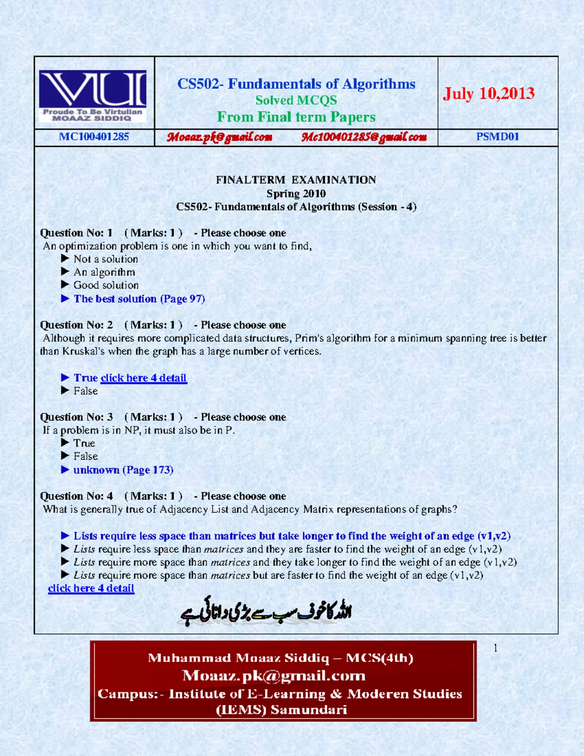 CS502 Midterm All Solved Quizes in One File - Made by Muhammad Usama and DUA sister CS502 ...
