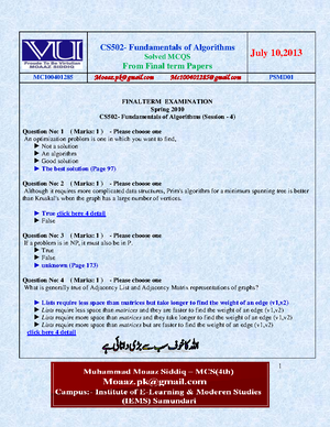 CS502-Quiz-2 By - (vusolutionpoint - CS-502 Fundamentals Of Algorithms Update MCQS For Quiz- 2 ...