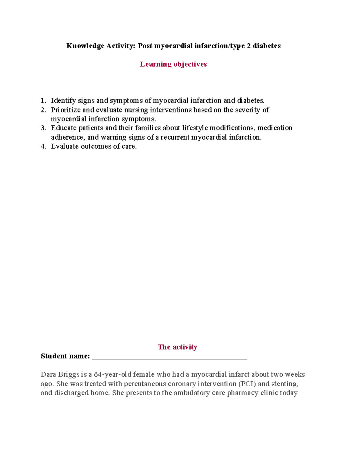 Knowledge Activity Heart Disease - Knowledge Activity: Post myocardial ...