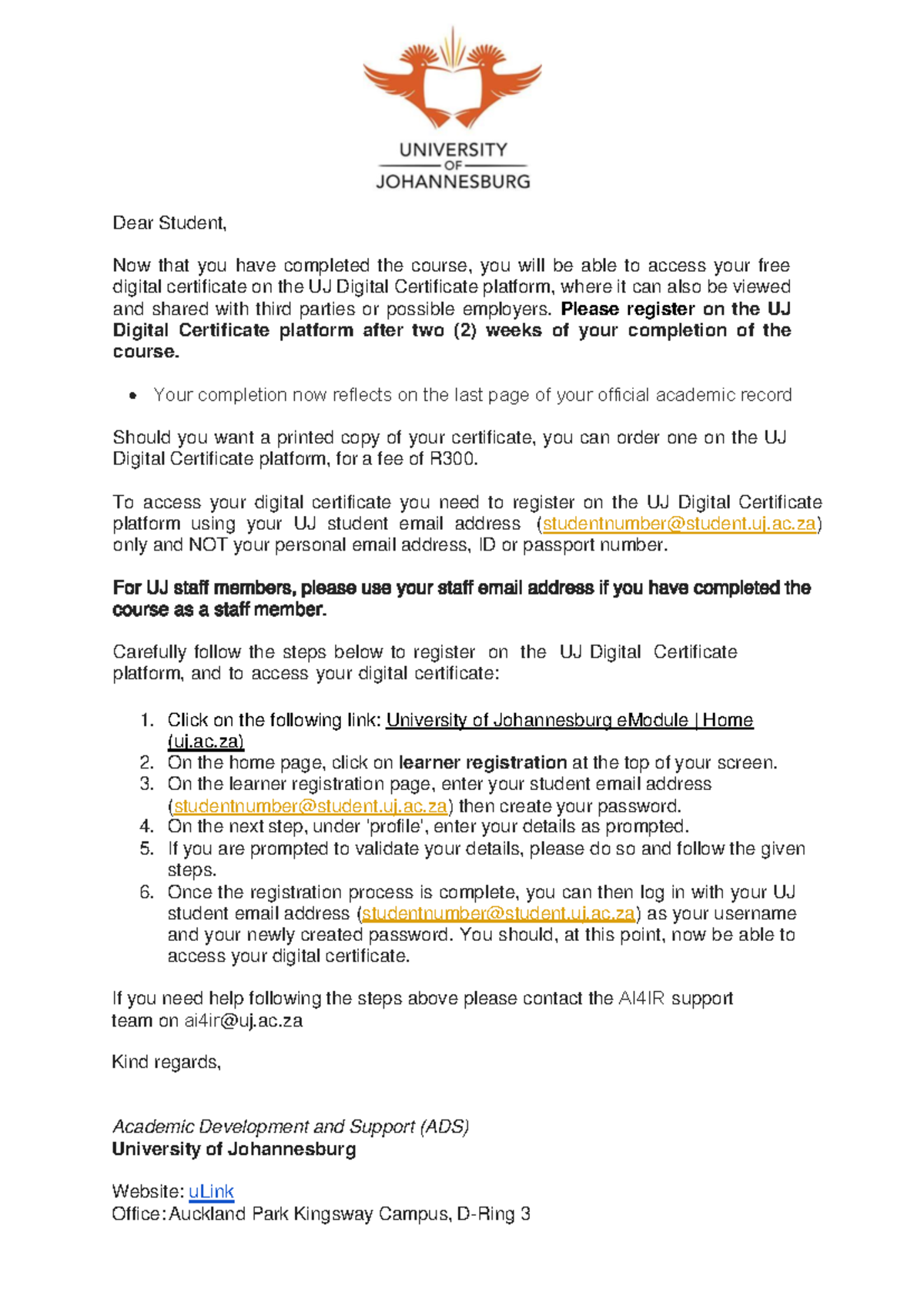 UJ Digital Certificate Platform Registration Guidelines for Students ...