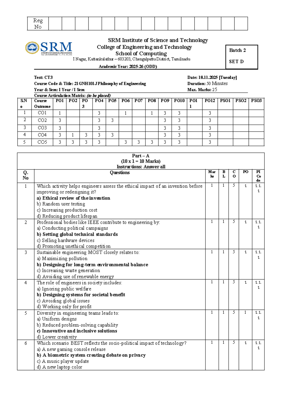 Answer Key - Set D - 21GNH101J Philosophy of Engineering Exam Notes ...