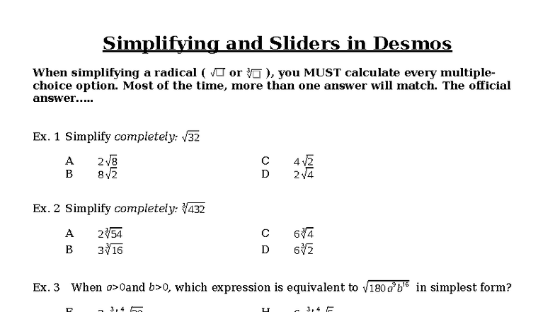 Desmos Simplification Techniques: Radical Expressions & Factors - Studocu