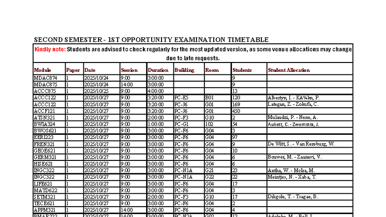 2025.SEM2.OPP1 - Second Semester Examination Timetable - Studocu