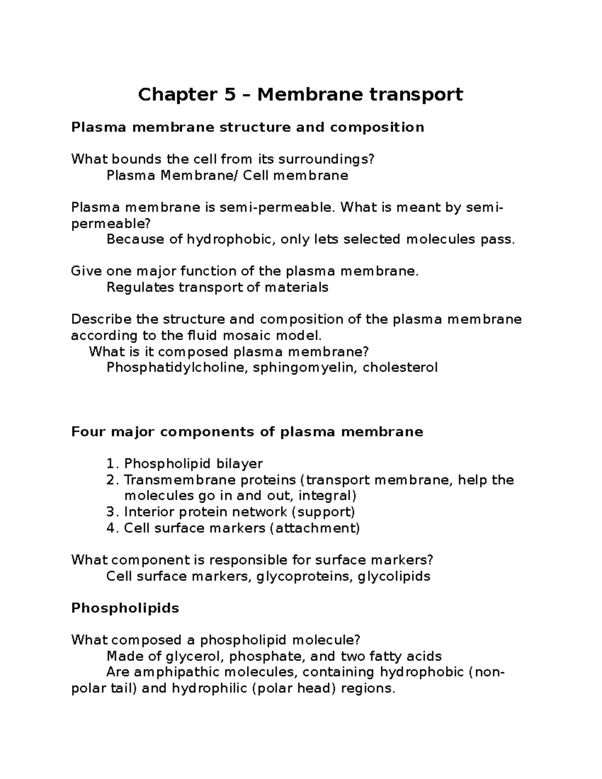 Chapter 5 - Membrane transport - Plasma membrane structure and ...