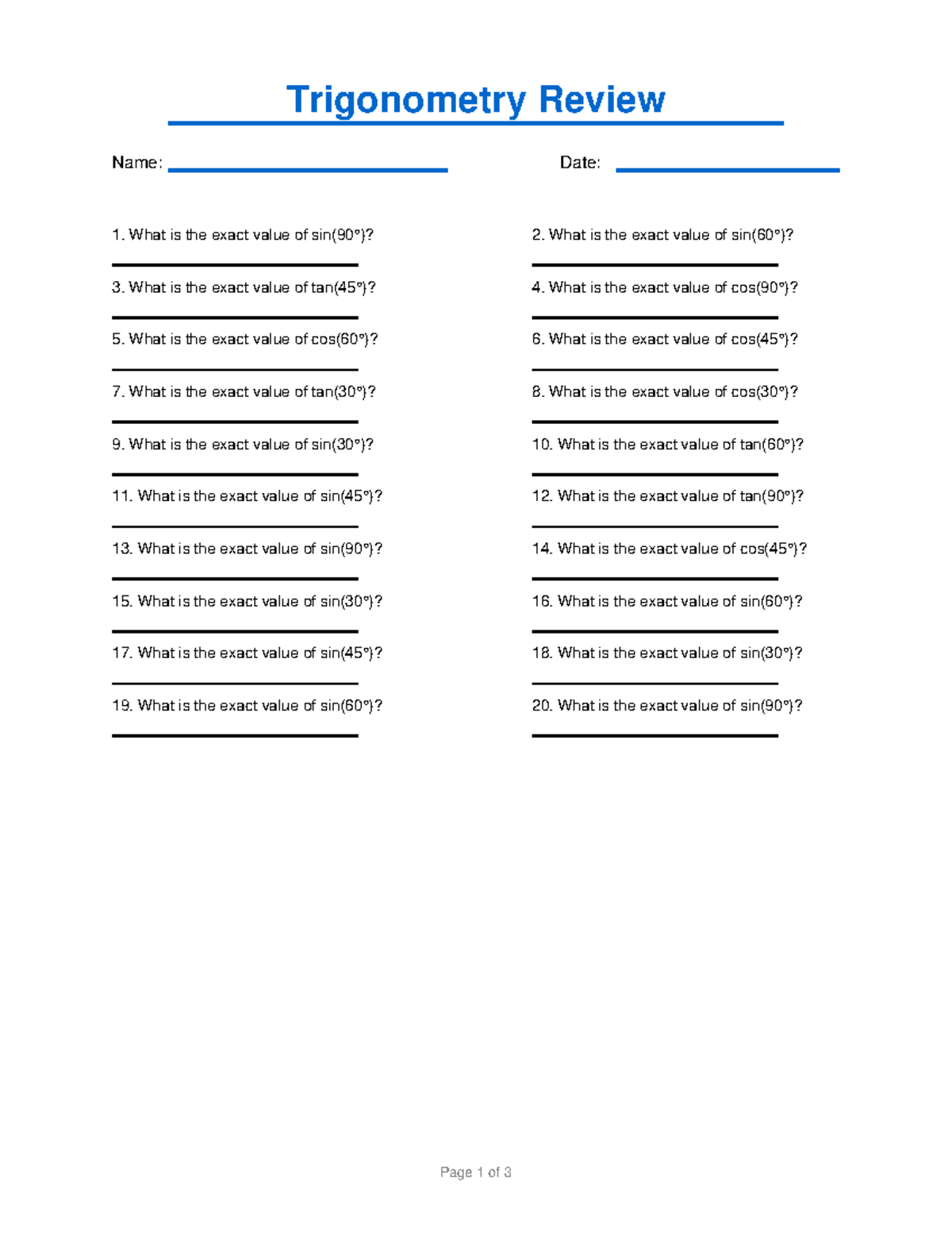 Trigonometry Review 10: Exact Values & Answer Key - Studocu