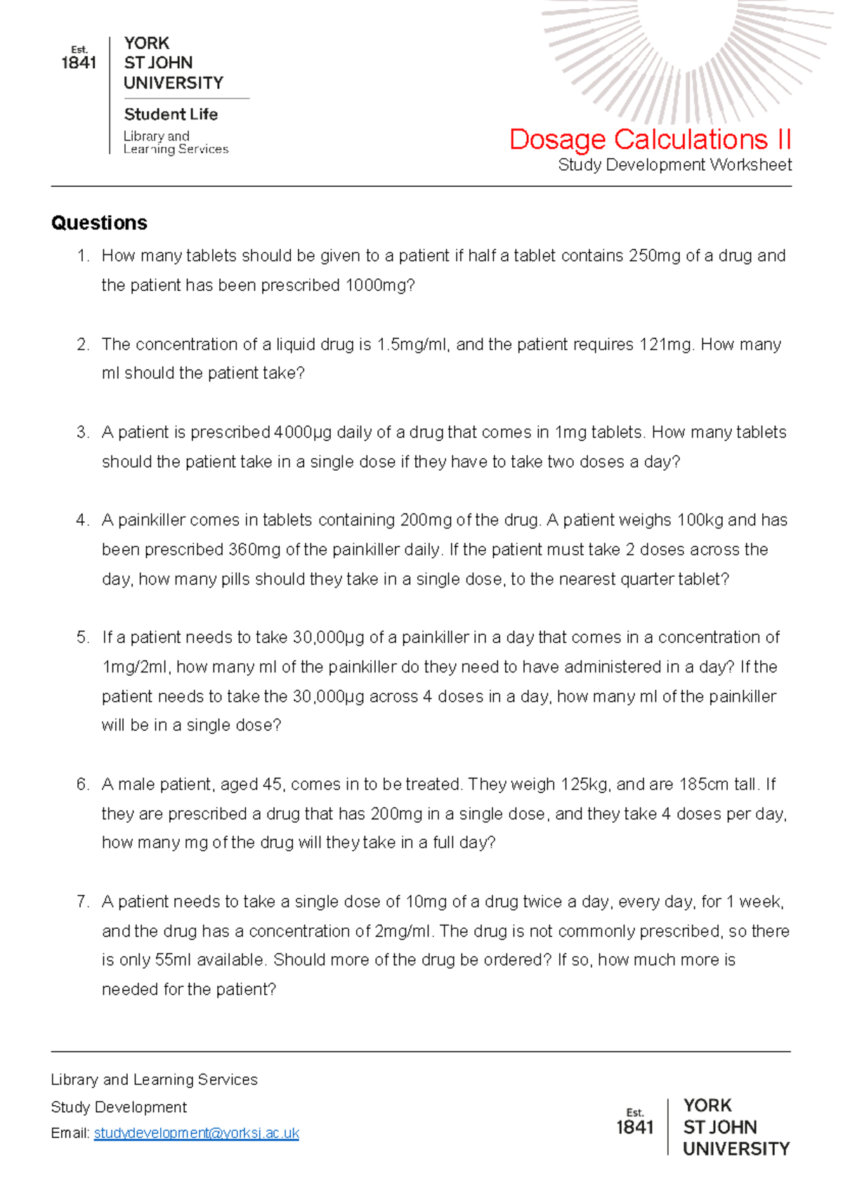 Dosage Calculations Worksheets 2 - Library and Learning Services Study ...