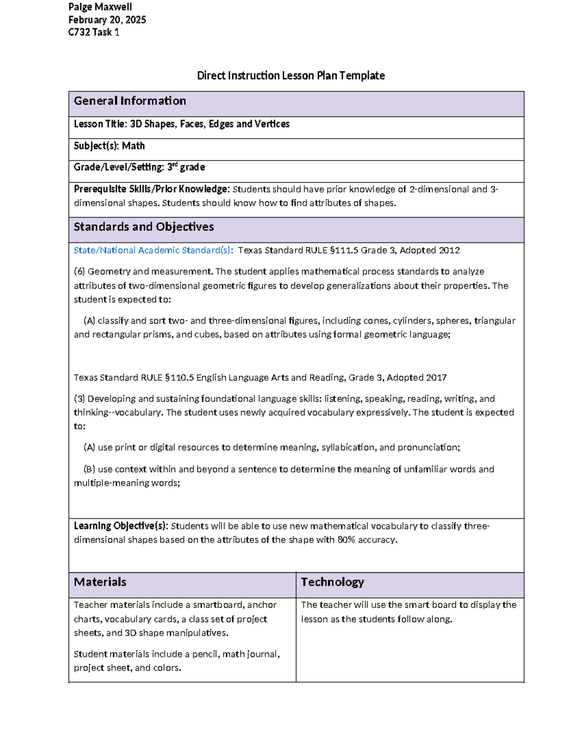 Elementary disipline task 1 - February 20, 2025 C732 Task 1 Direct ...