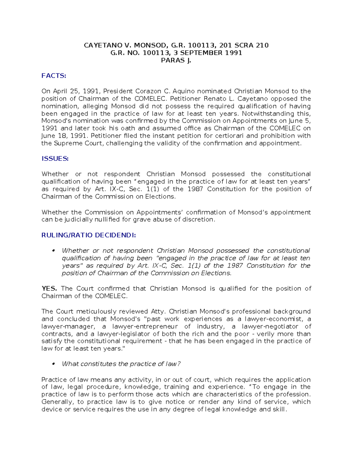 Cayetano v. Monsod Case Study: G.R. 100113, 201 SCRA 210 - Studocu