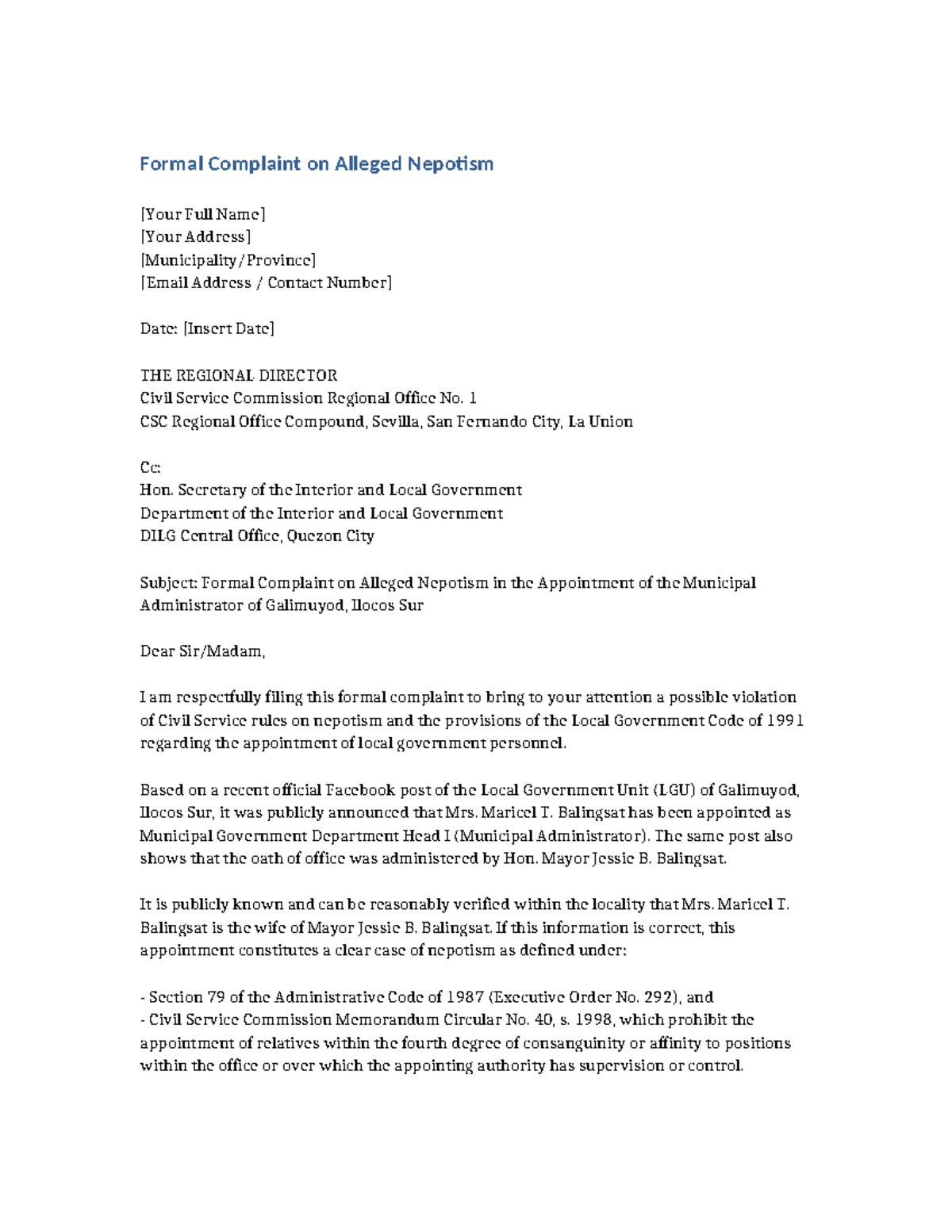 Formal Complaint on Nepotism in Galimuyod, Ilocos Sur - Studocu