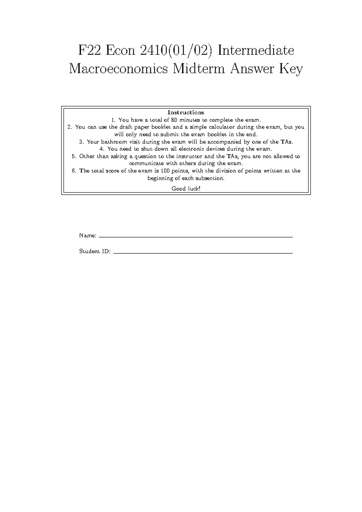 Econ 2410 Intermediate Macroeconomics Midterm Answer Key - Studocu