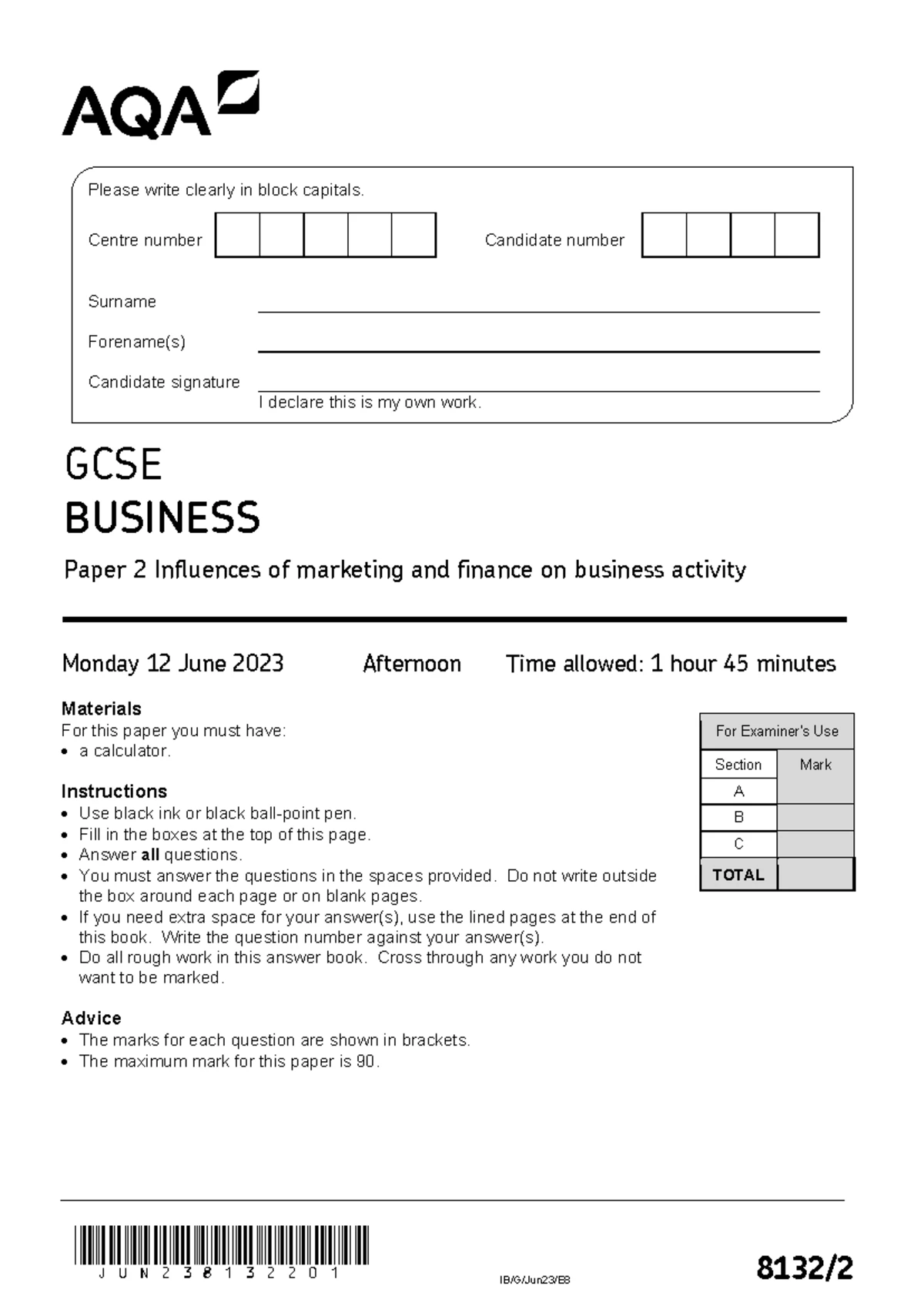 GCSE Business AQA 8132/1 Paper 1 HRM & Operations Influences Mark ...