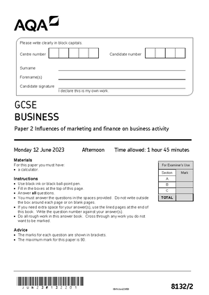 GCSE Business AQA Paper 2 Influences of marketing and finance on ...