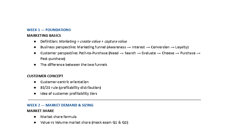 WEEK 1-9 MARKETING BASICS & STRATEGIES CHECKLIST - Studocu