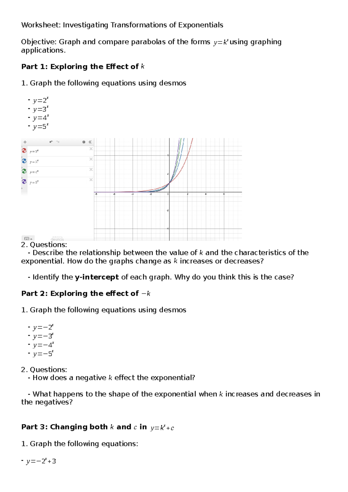 Parabolas - Worksheet: Investigating Transformations of Exponentials ...