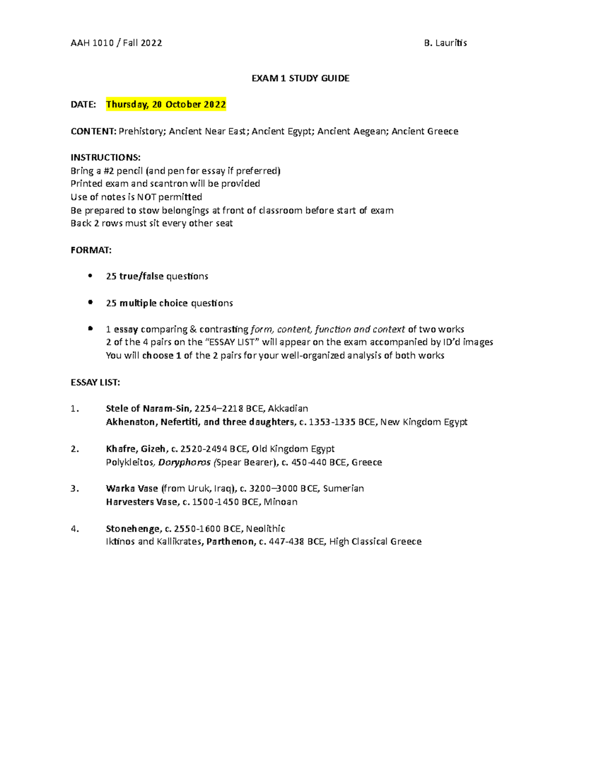 AAH 1010 Exam 1 Study Guide - Prehistory to Ancient Greece - Studocu