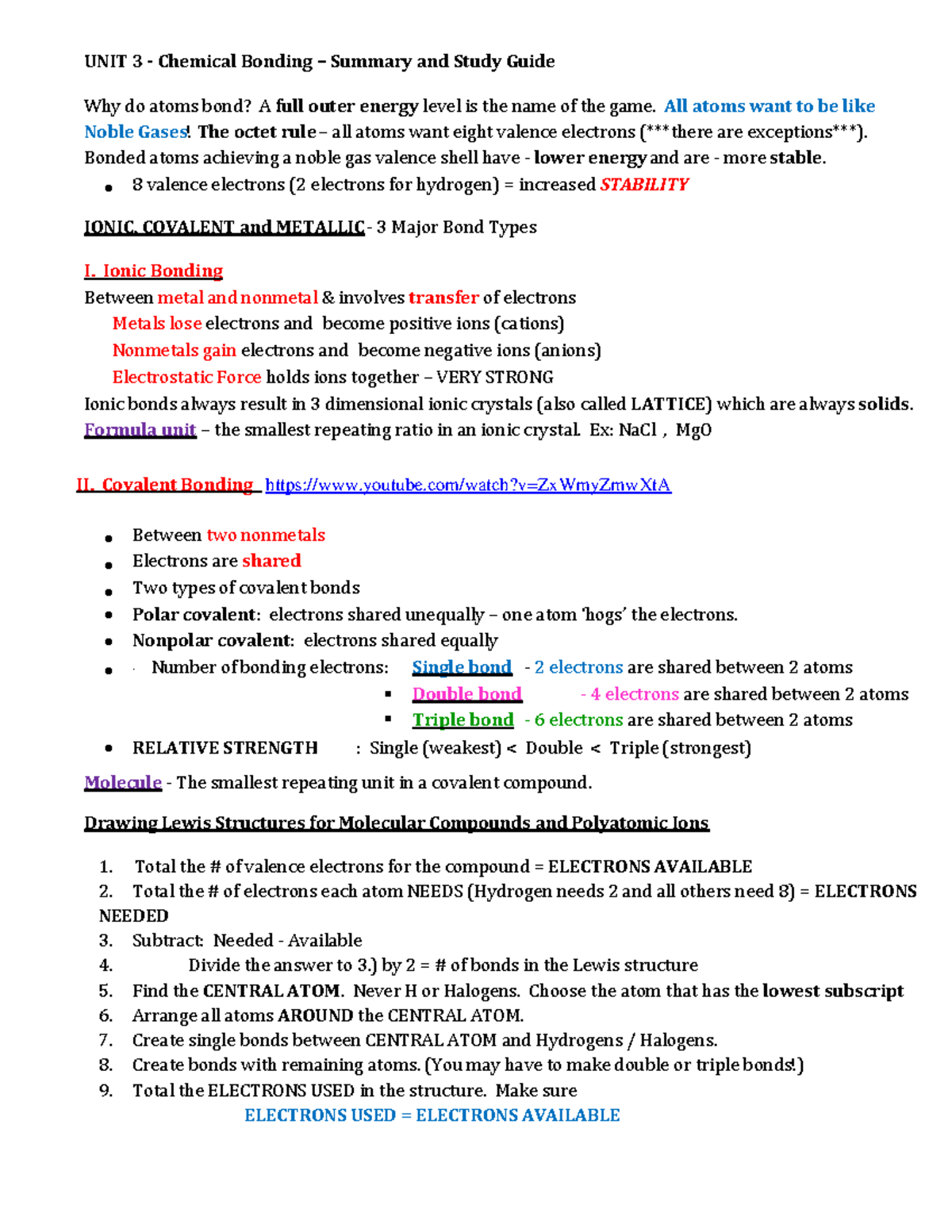 Unit 3 Bonding Summary and Study Guide S 2024 - UNIT 3 - Chemical ...