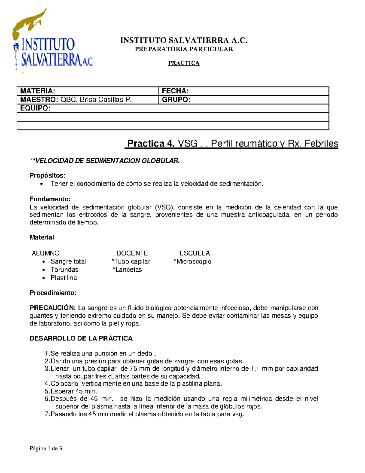Práctica 4: VSG, Perfil Reumático y Rx. Febriles - Instituto ...