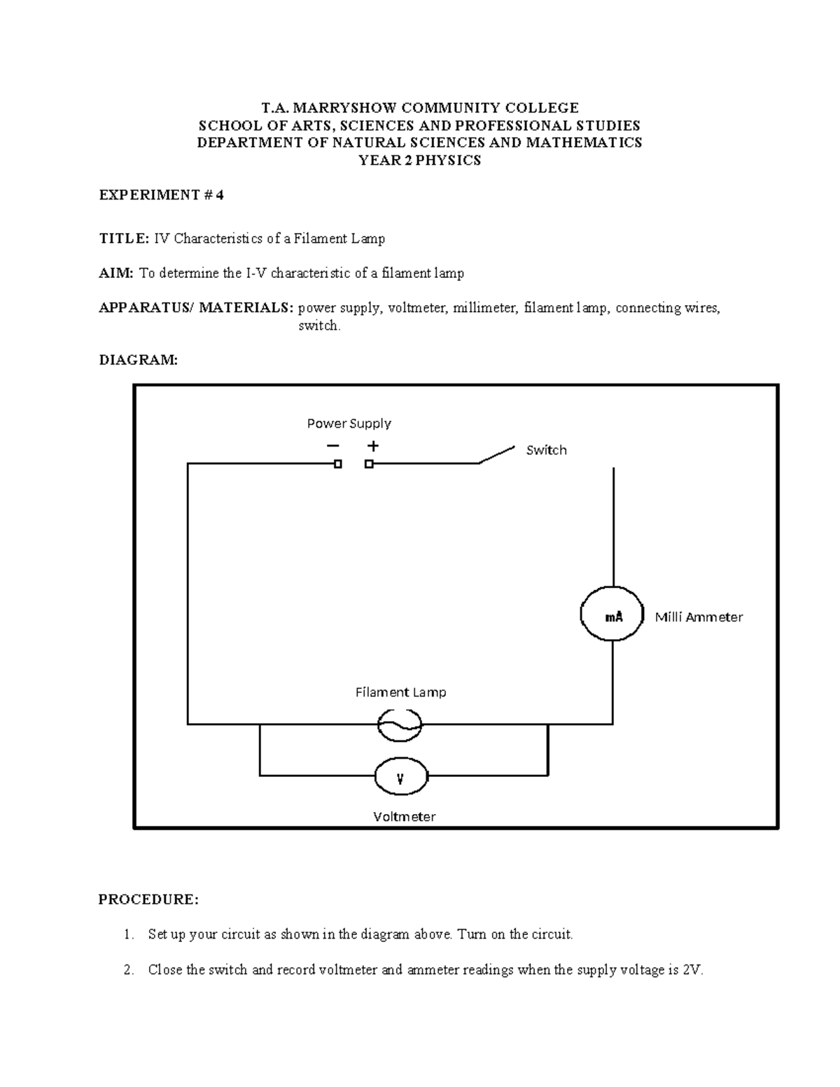 Year 2 Physics Experiment 4: IV Characteristics of a Filament Lamp ...