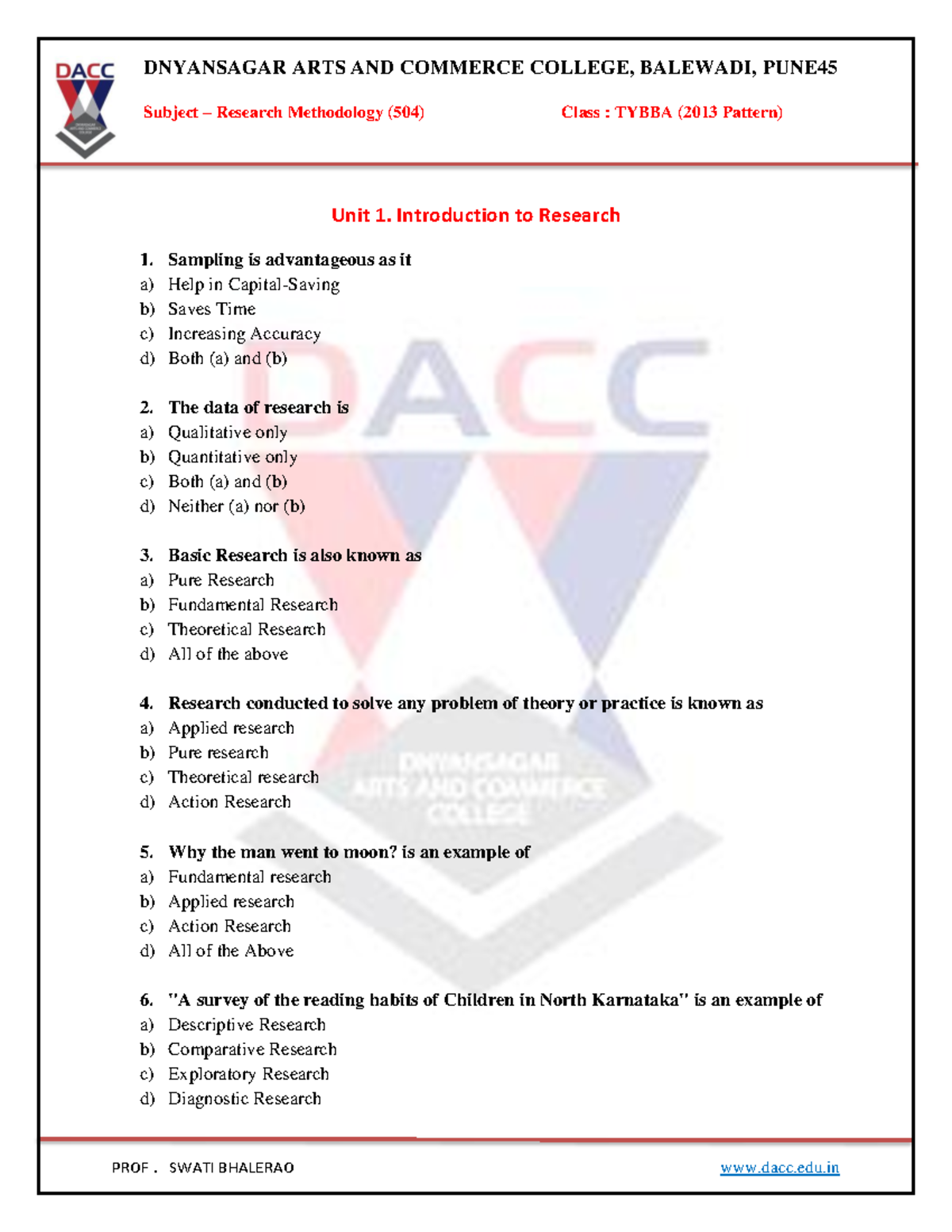 MCQ Study Guide for Research Methodology (504) - TYBBA - Studocu