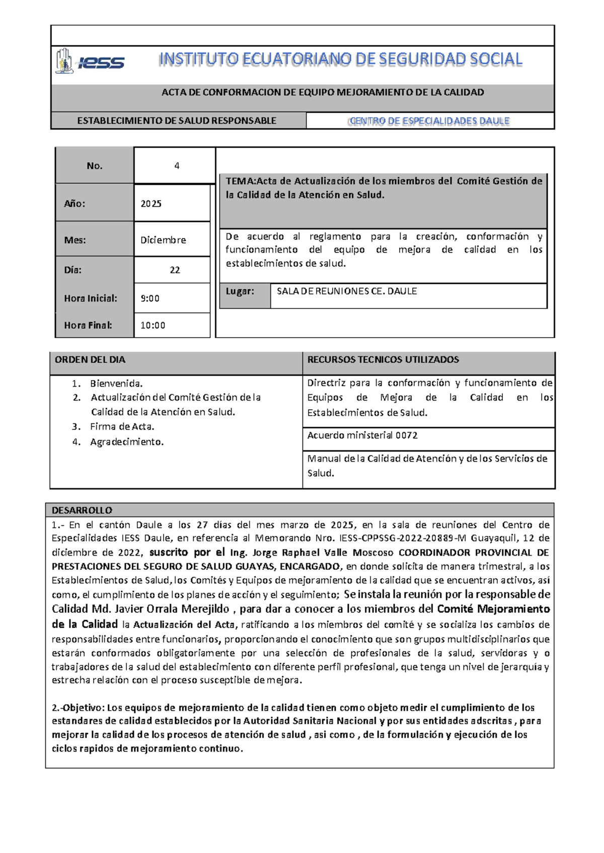 Acta de Conformación del Comité de Mejora de Calidad - IESS Daule 2025 ...