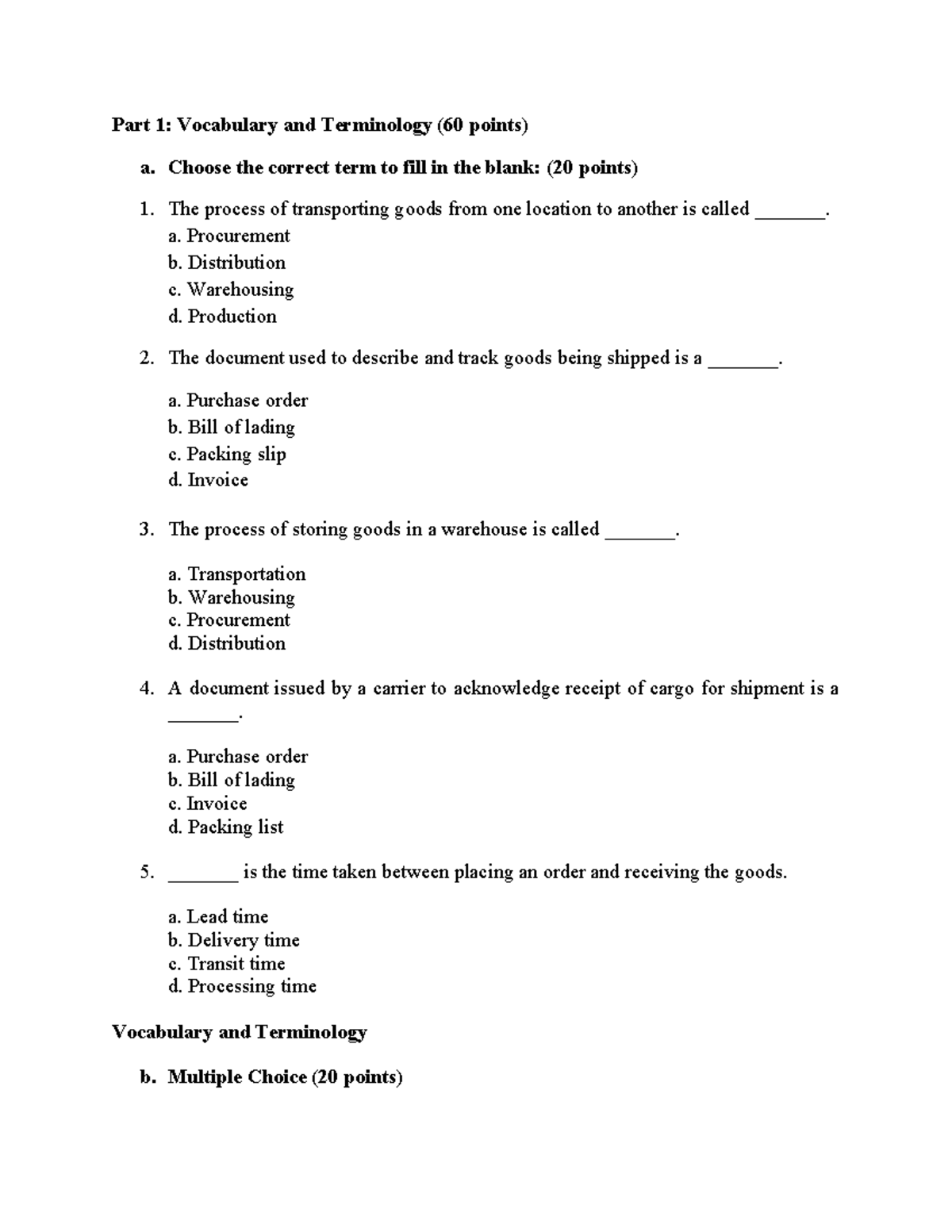 TEST 03: Vocabulary & Terminology for Logistics Class (60 pts) - Studocu
