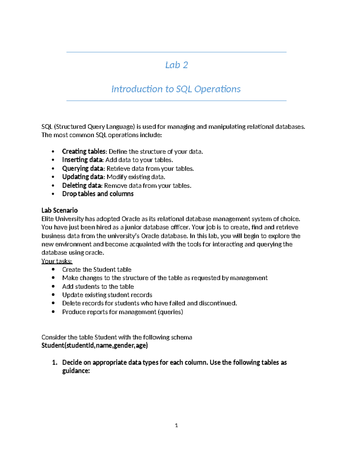 Lab 2: SQL Operations for Database Management at Elite University - Studocu